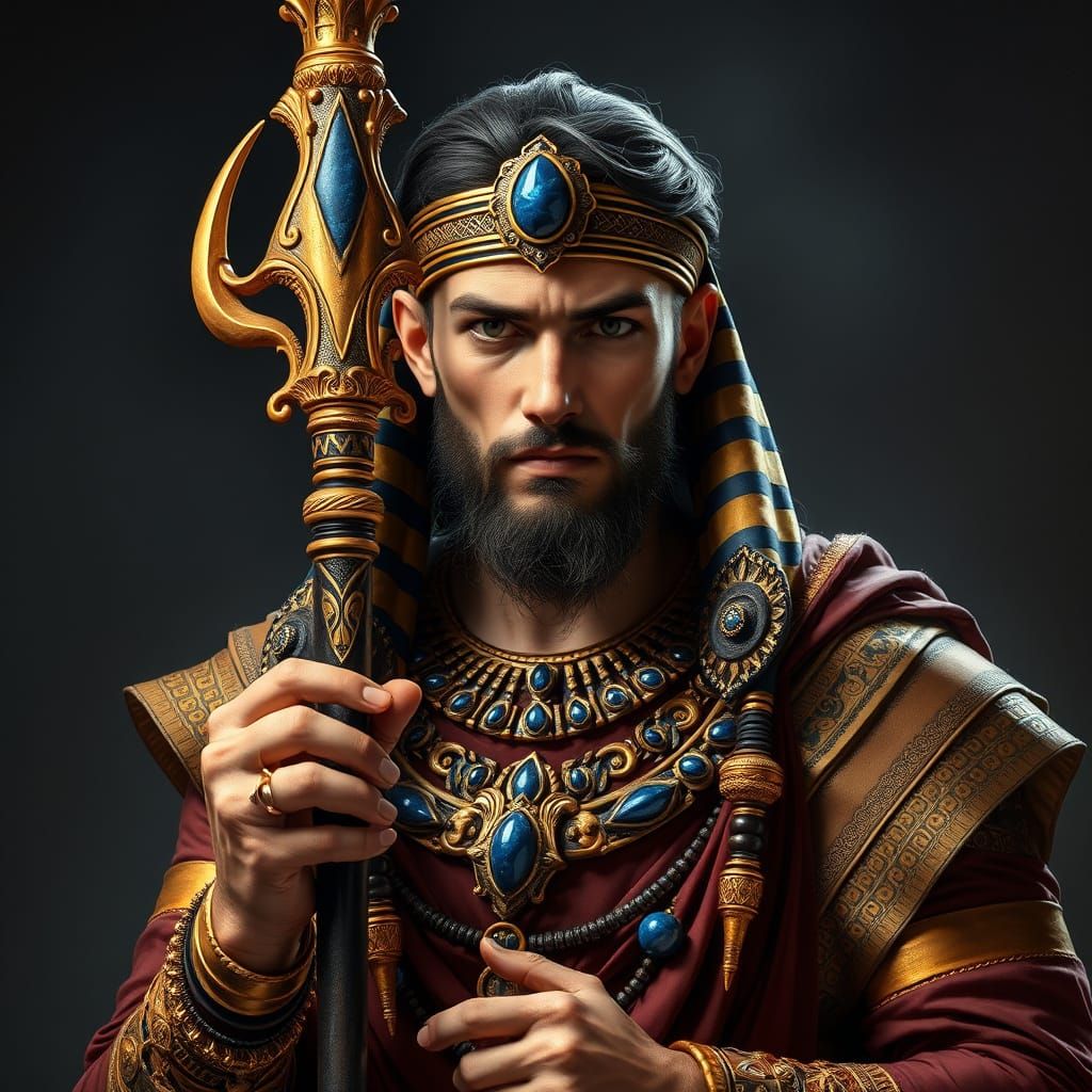 Ancient Egyptian Regal Man with Staff in Fantasy A... - AI Art