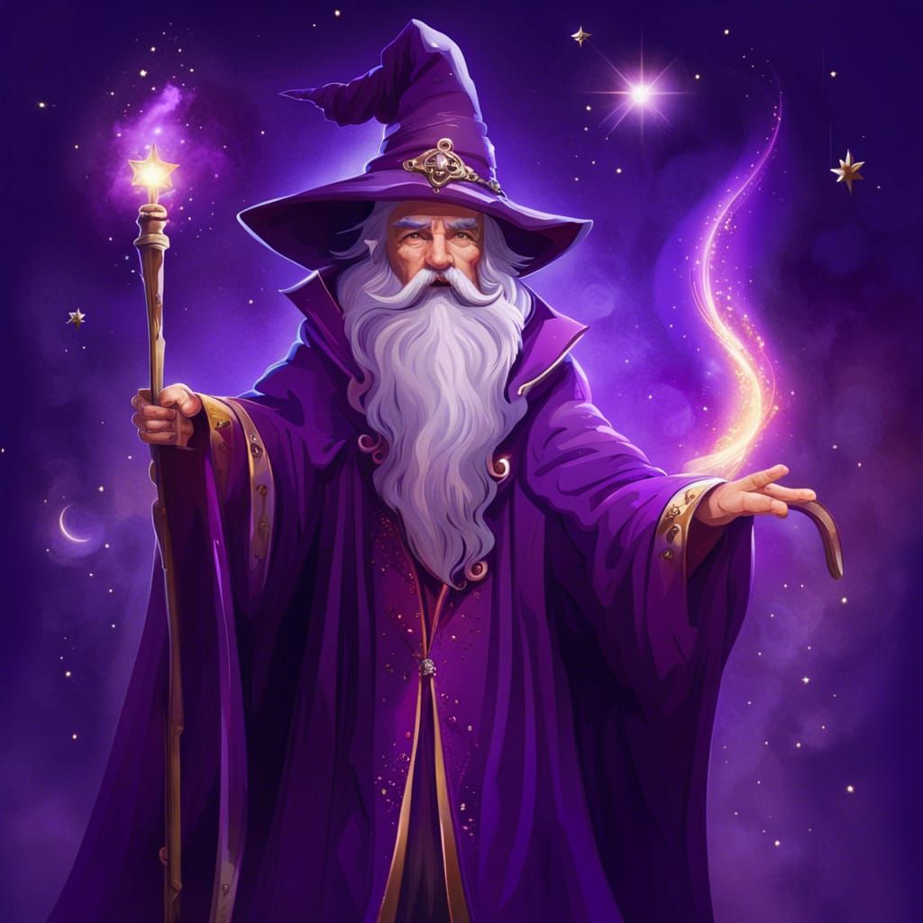Wizard with a long grey beard, a deep purple pointed tall hat and ...