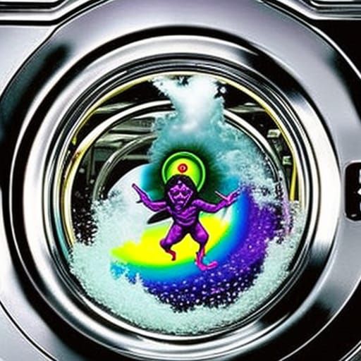 A washing Machine with a monster stuck inside during the wash cycle ...