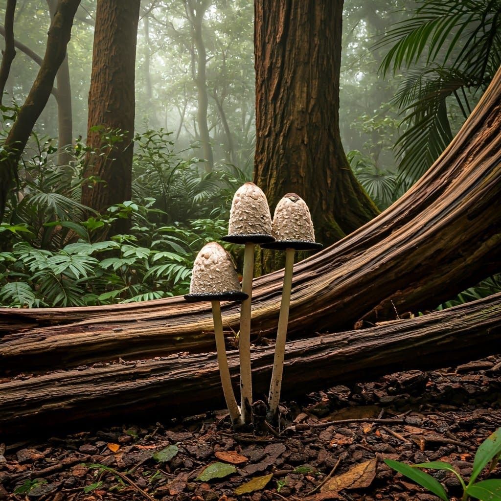 SHAGGY INK CAP MUSHROOMS (edible) IN A SOUTH AFRICAN FOREST