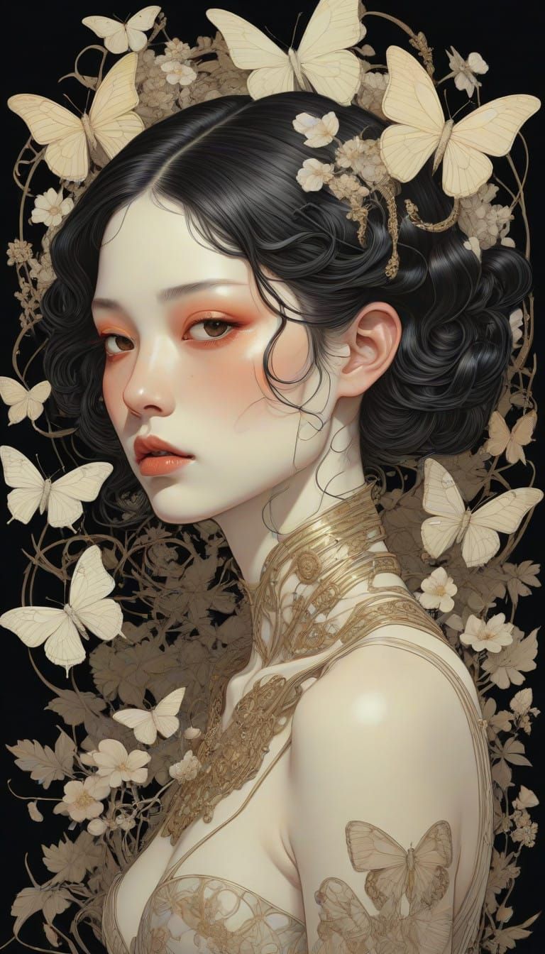 Ethereal Moth Goddess on Ancient Skull, Surrounded... - AI Art