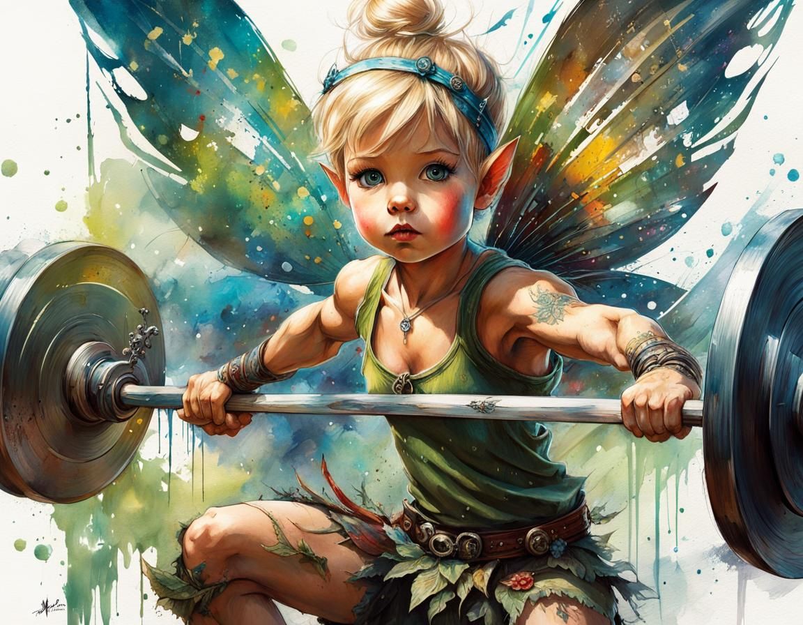 muscular badass tinkerbell fairy with tattoos lifting a huge barbell ...