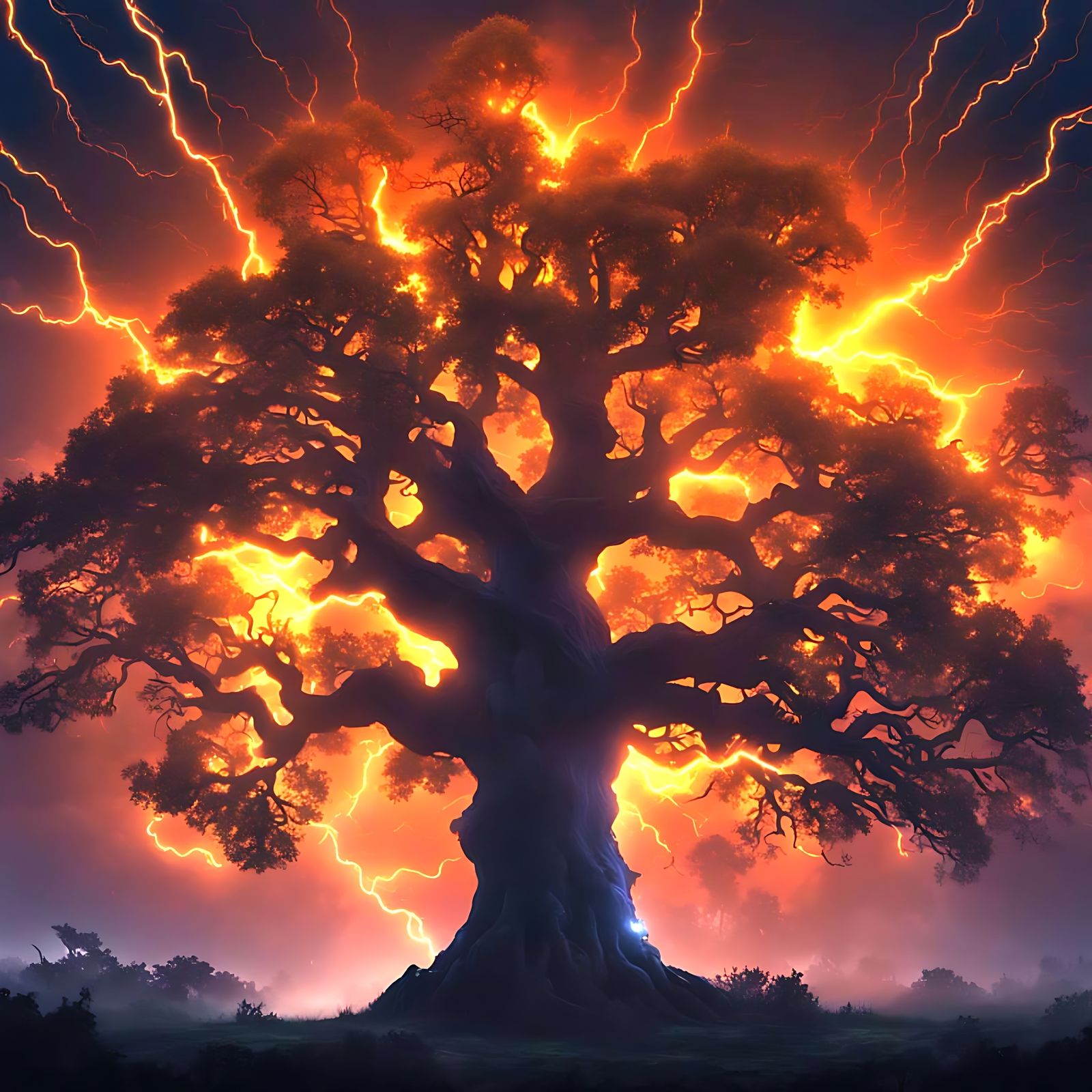 Lightning Tree - Fantastical Oak Tree with Glowing Lightning...