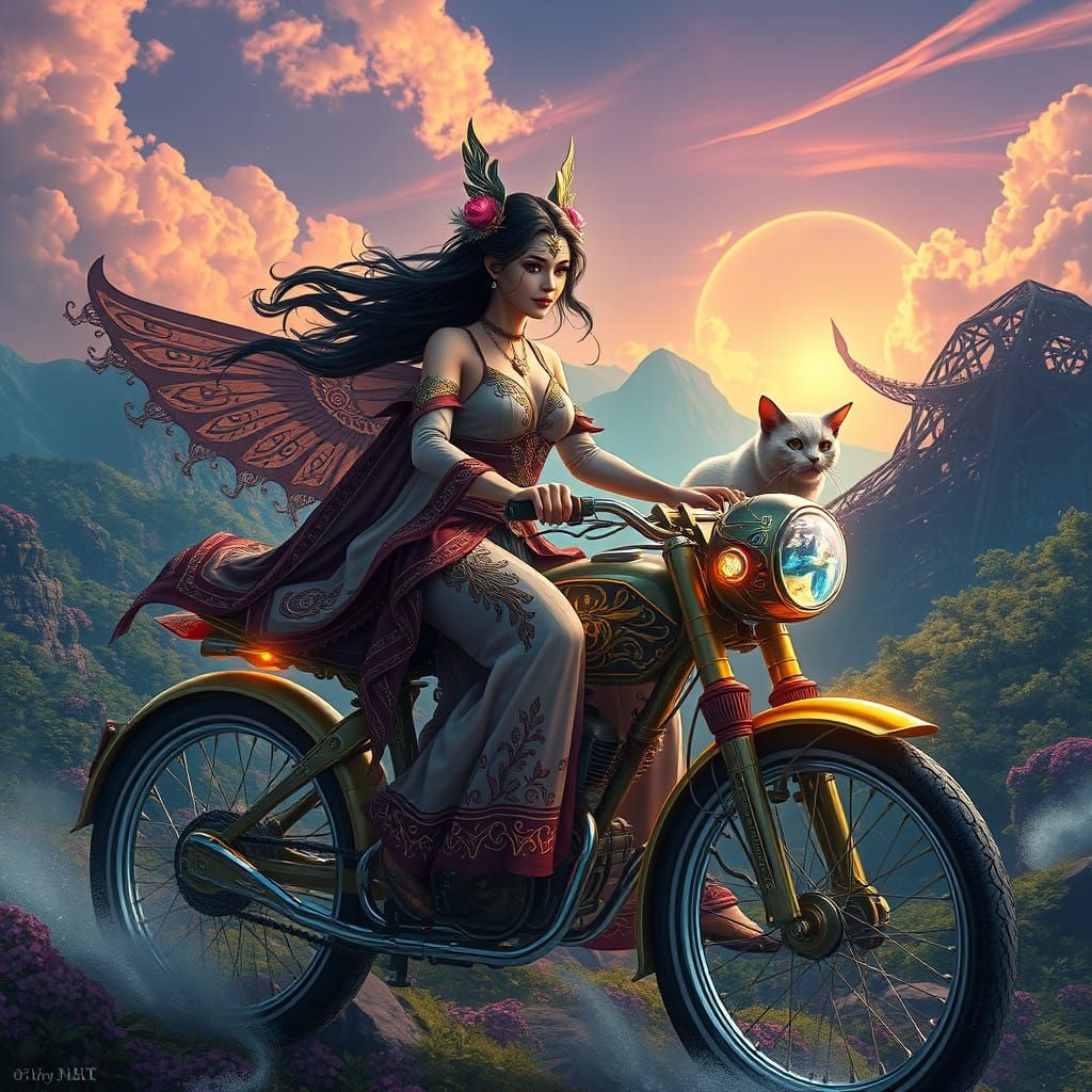 Beautiful women on bike with cat - Woman Rides Majestic Bik...