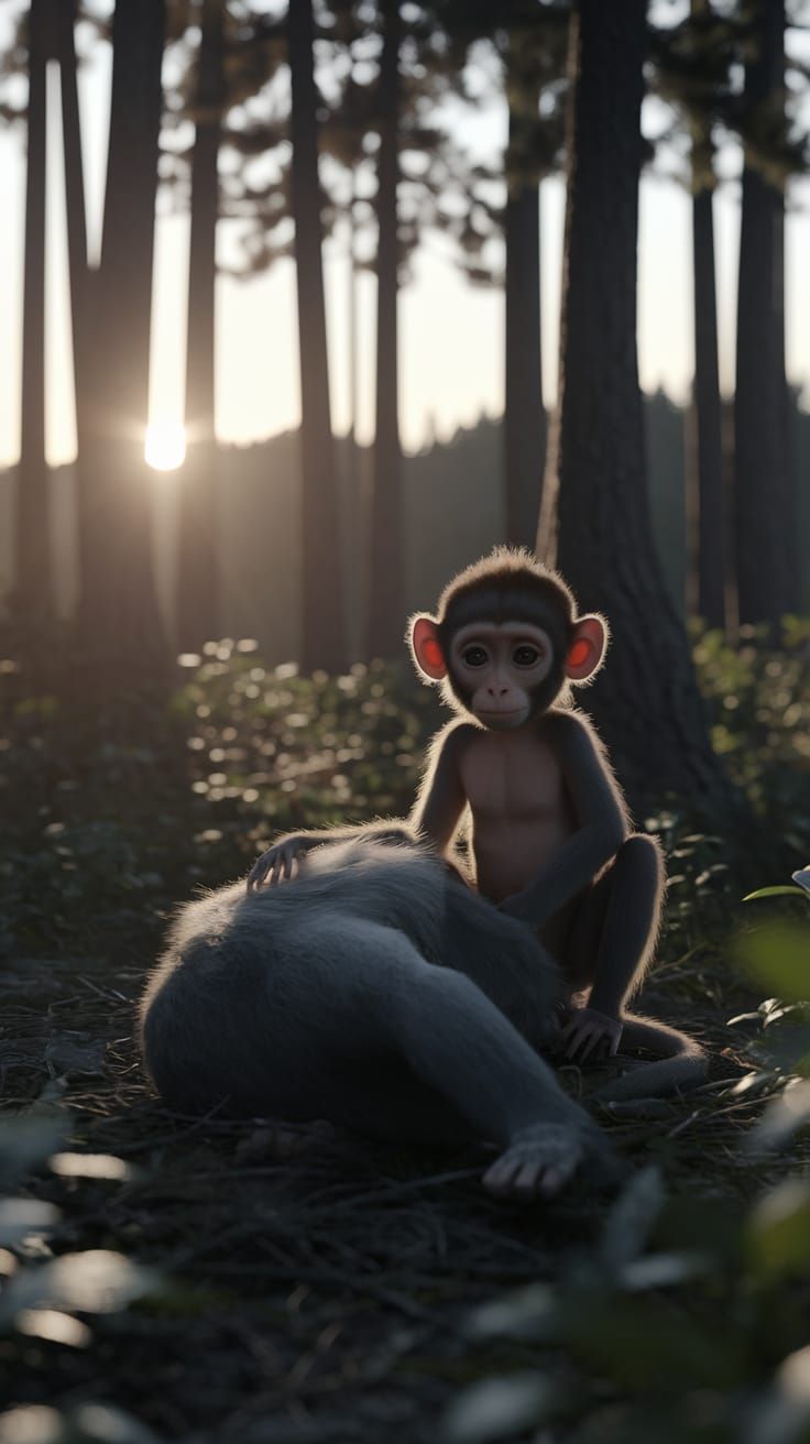 Mourning in the Forest: A Baby Monkey's Solitude - AI Art