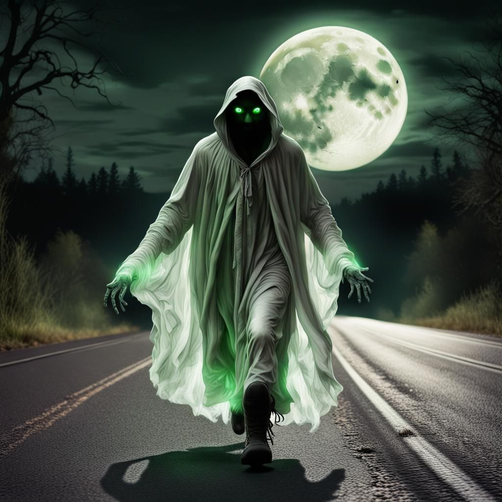 Terrifying Spook / Ghost Hitchhiker with glowing green eyes, on a dark ...