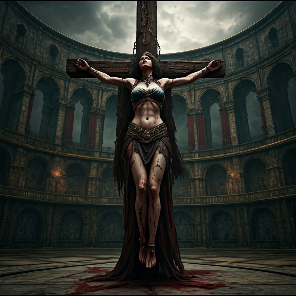 Regal Woman Crucified in Ancient Arena with Unreal... - AI Art