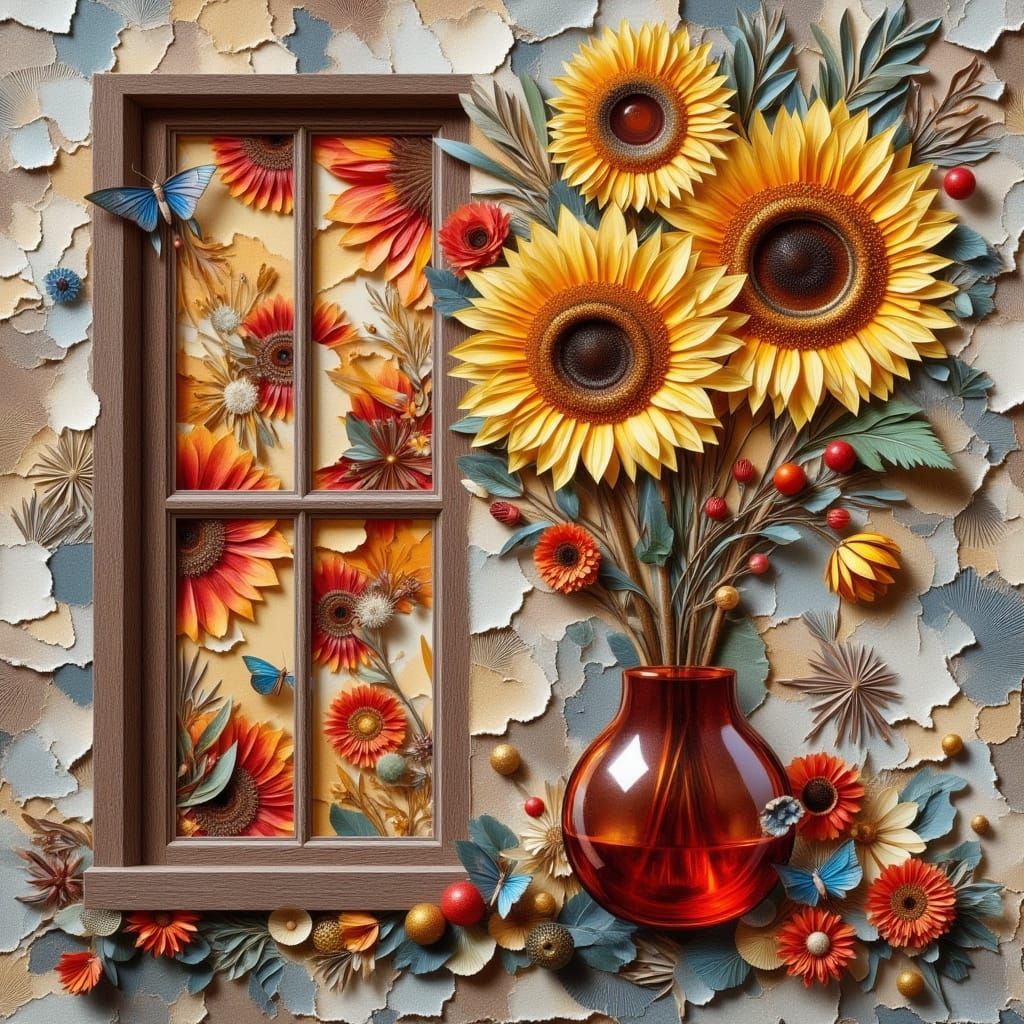 layered paper collage art: 3d shading to create depth: large yellow and ...