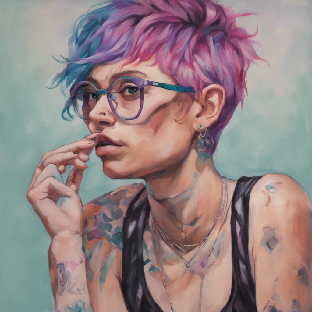 Painting of a lesbian with short pink, purple, and teal hair, glasses ...