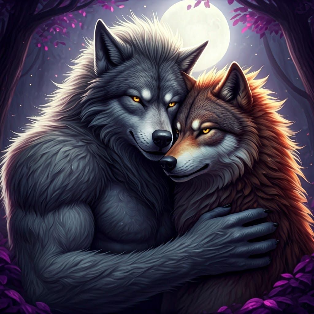Grey Werewolf and Timber Wolf Mate in Tender Moonl... - AI Art