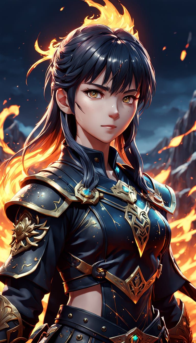 Anime Xena Portrait in Fiery Icy Landscape - AI Art