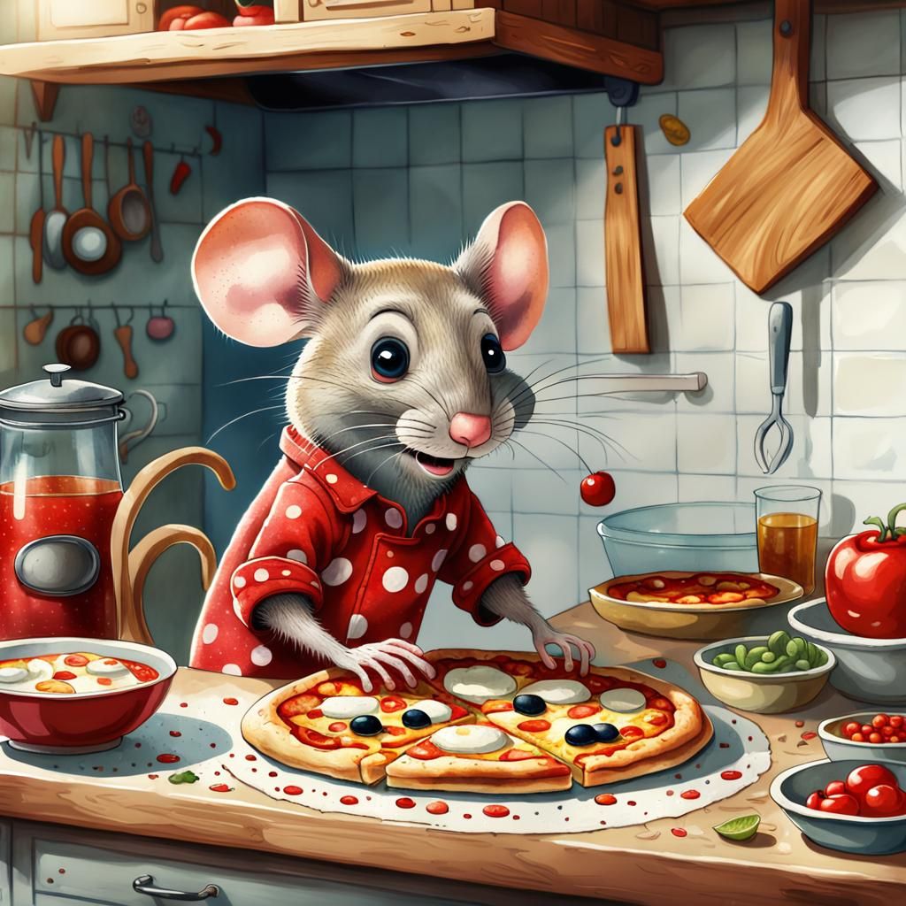 (a cartoon Super cute charming funny mouse in a red shirt with white ...