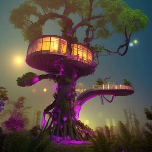 Treehouse with purple lighting - AI Generated Artwork - NightCafe Creator