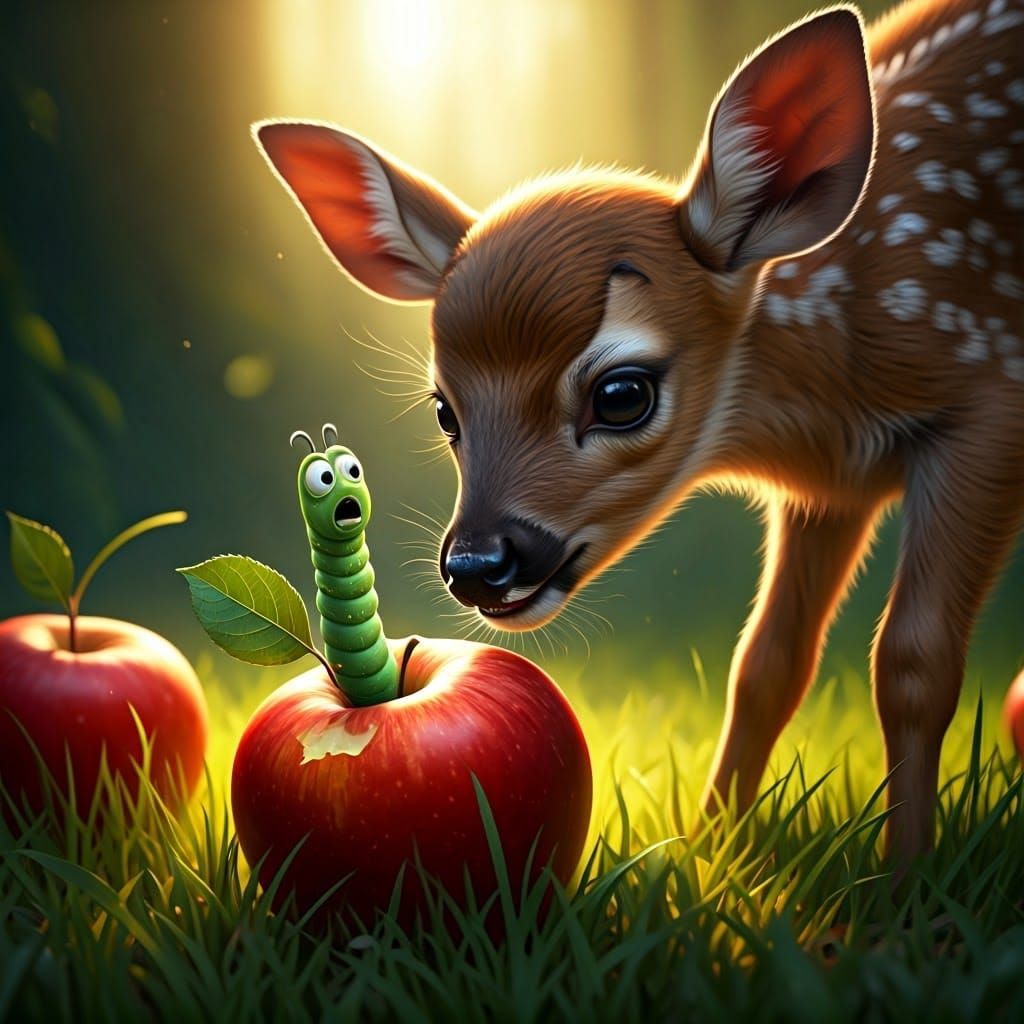 Apple Panic - Whimsical Fawn Discovers Apple with Tiny Worm