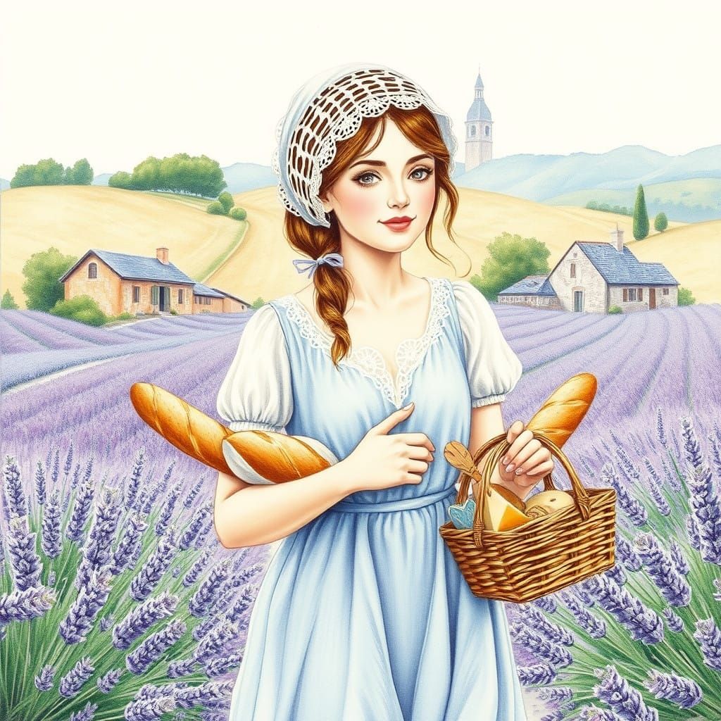 A drawing of a beautiful French girl with a hint of a smile, wearing a ...