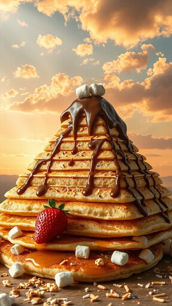 Ancient Egypt pyramid made of pancakes covered with dripping honey ...