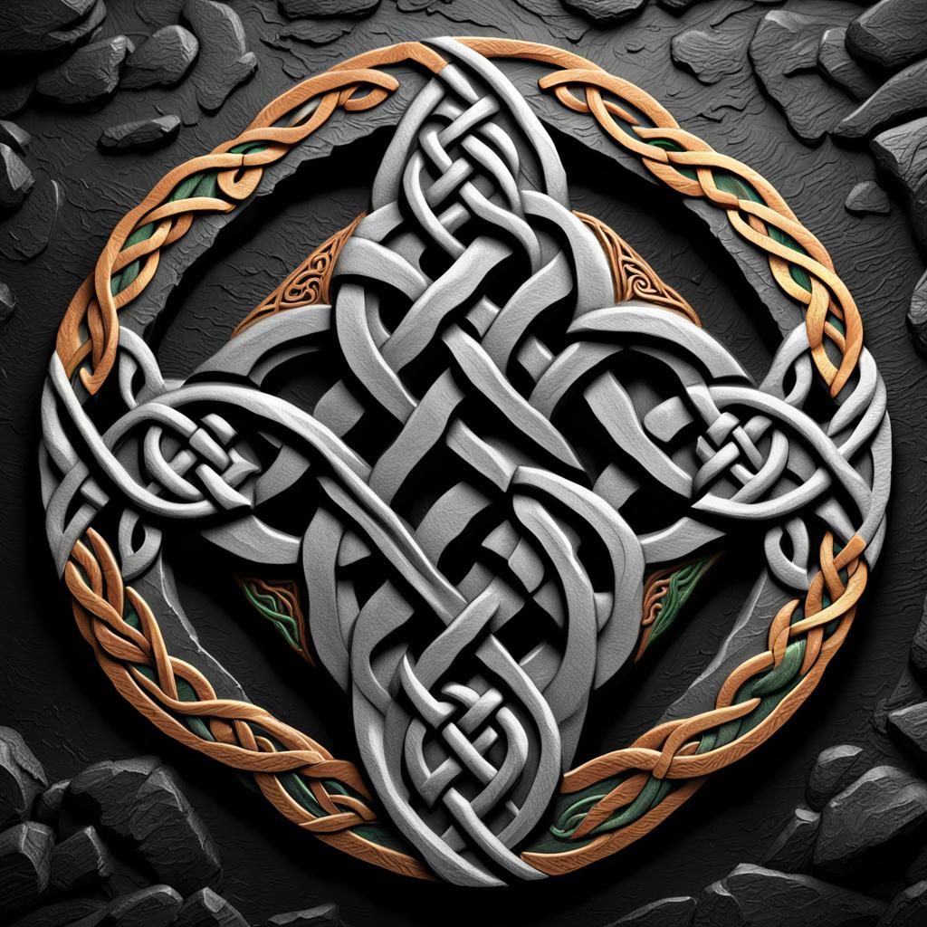 3d rendered bas relief carving celtic love knot on black slate high ...