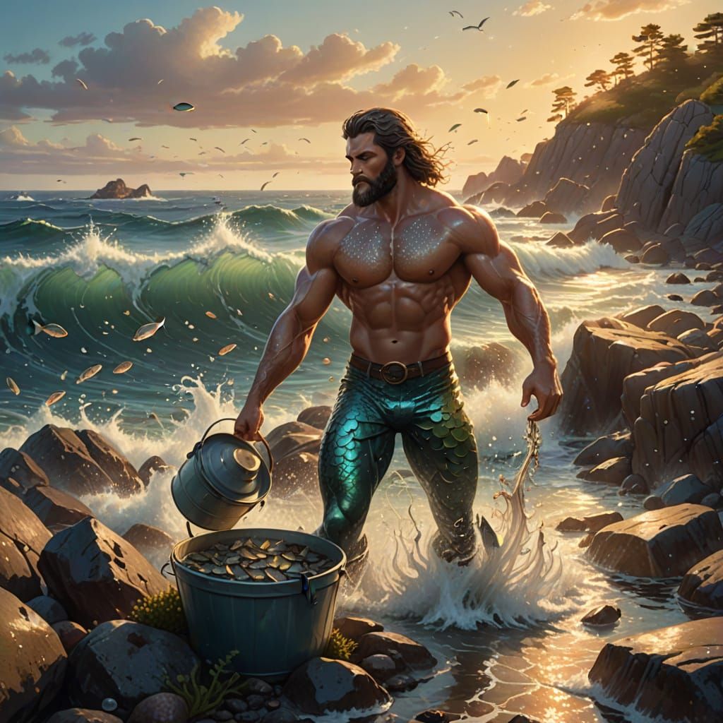 Muscular Merman in Dreamy Ocean Scene - AI Art