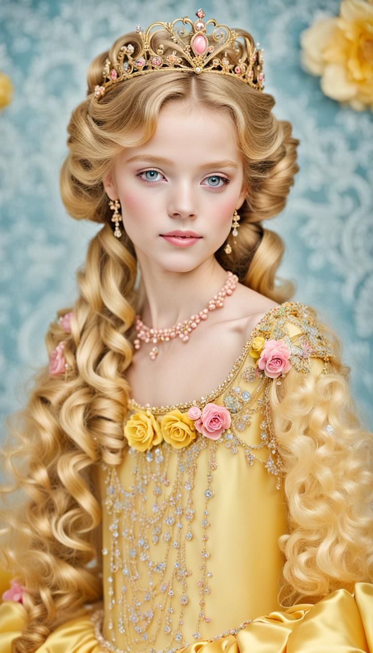 Beautiful princess with very long blond ringlet hair, golden tiara ...