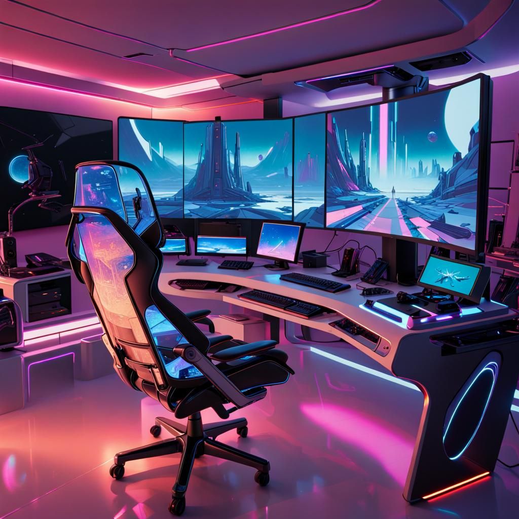 Art by Syd Mead and Yoshitaka Amano, ultimate gaming setup blending ...