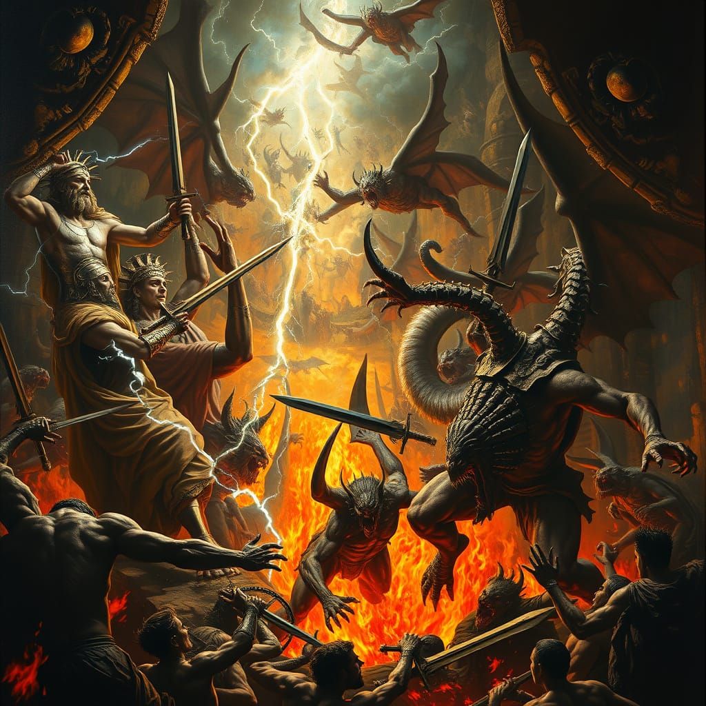 Roman Gods Battle Demons in a Hellscape - AI Art