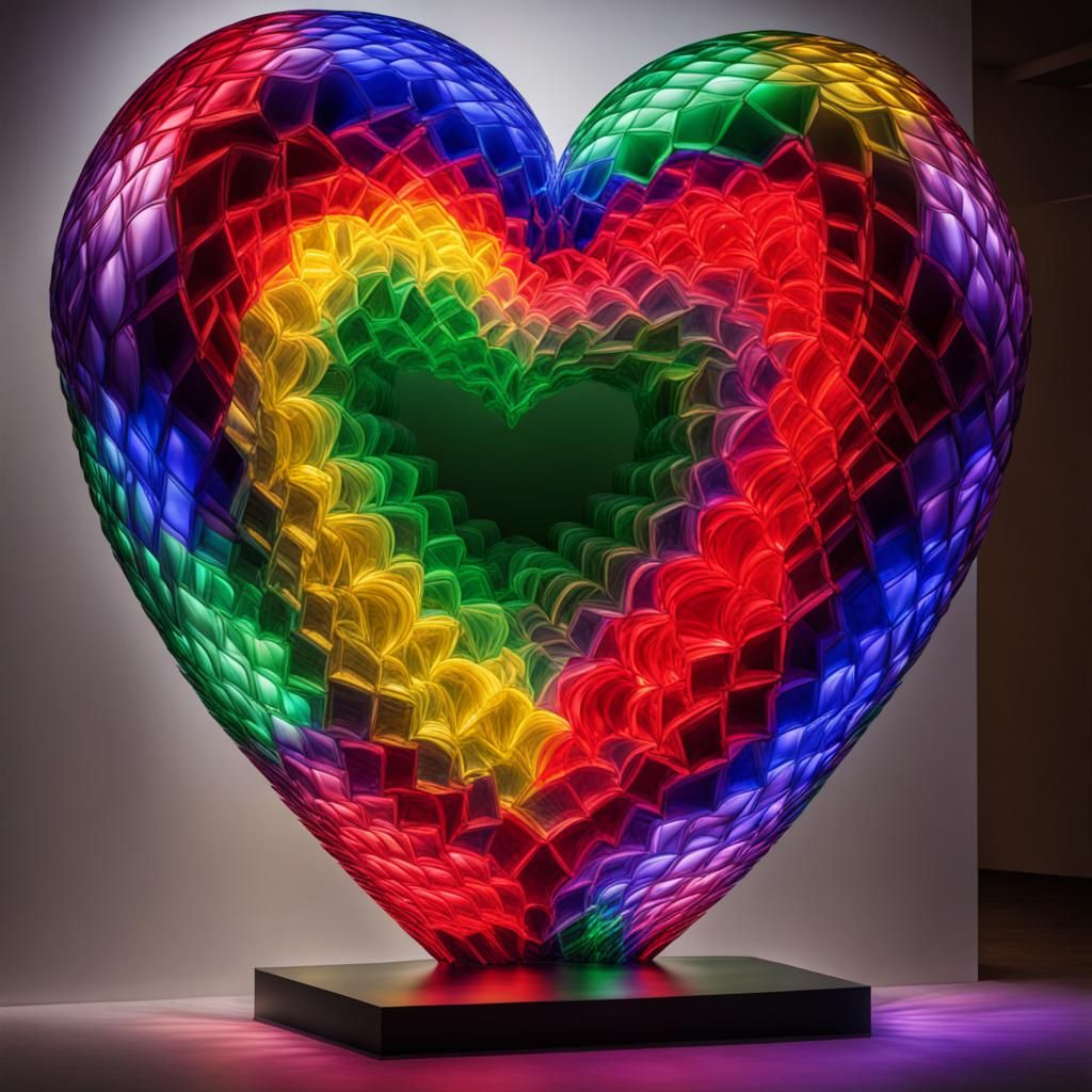 illuminated from within huge glass heart-shaped sculpture. sculpture ...