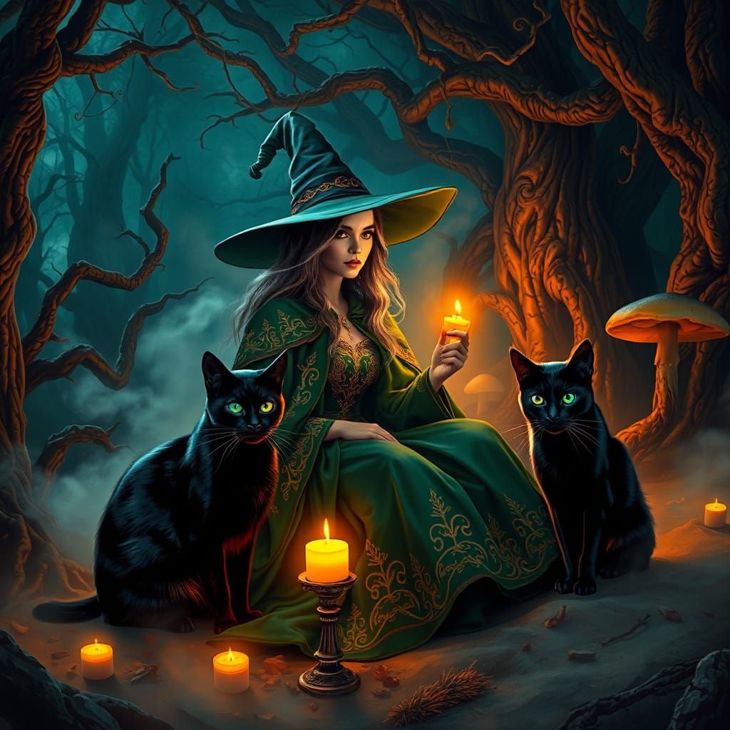 A witch sitting with black cats - Witch Surrounded by Black ...