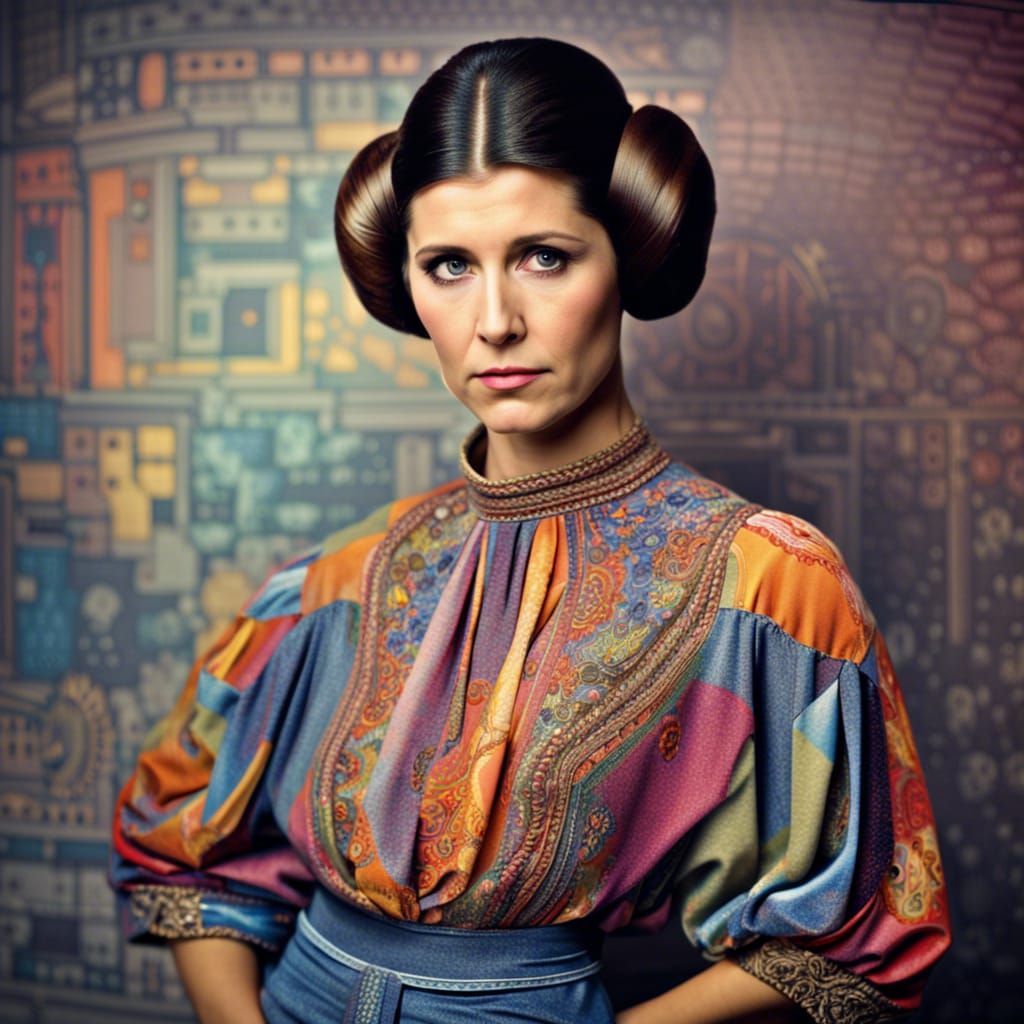 Princess Leia in jeans and colorful blouse 1980's style clothes fashion ...