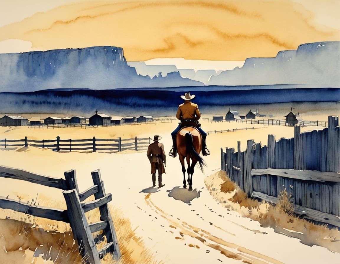 The Old West, cowboy enters corral - Cowboy Rides into Sunse...