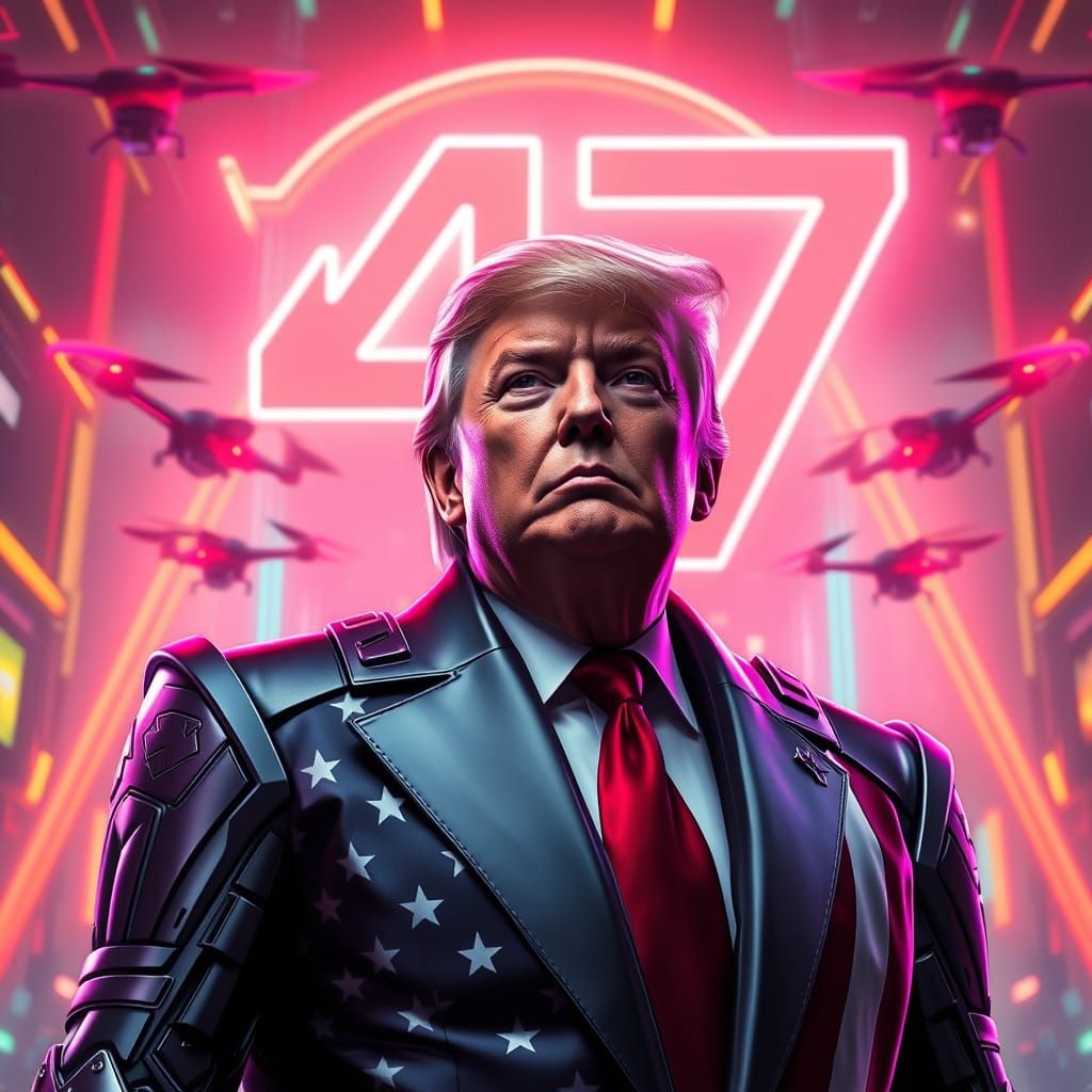 Cyberpunk Donald Trump in Futuristic Neon Cityscap... - AI Art