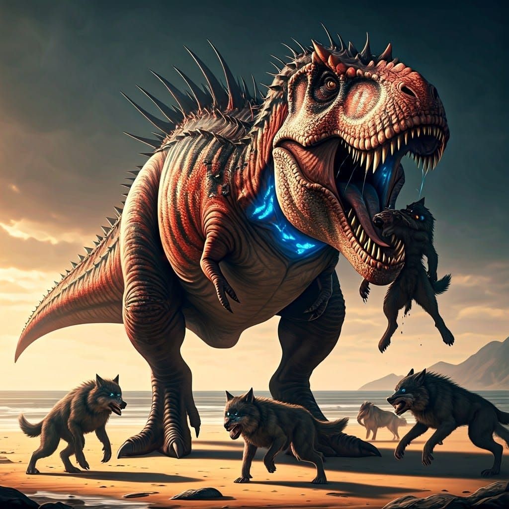 Ferocious, Mutated Tyrannosaurus Rex on Sun-Kissed... - AI Art