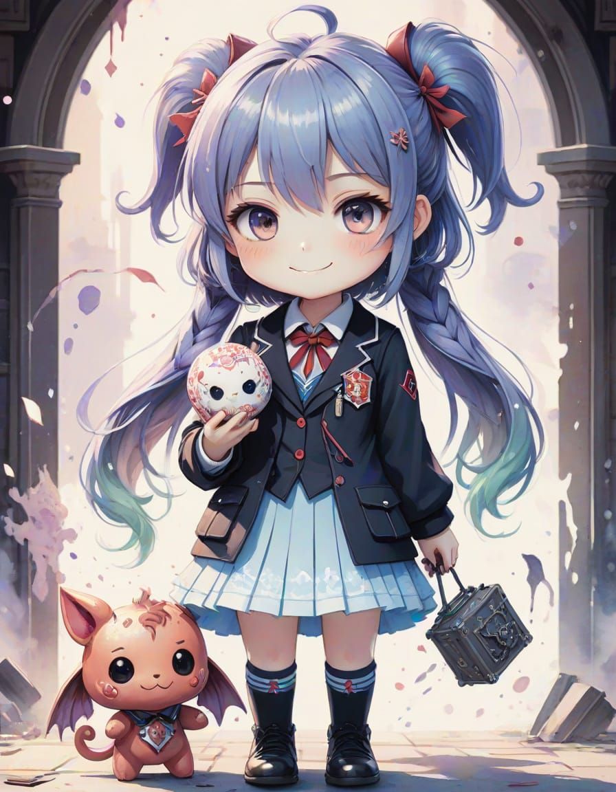 A cute chibi demon girl with a cursed toy