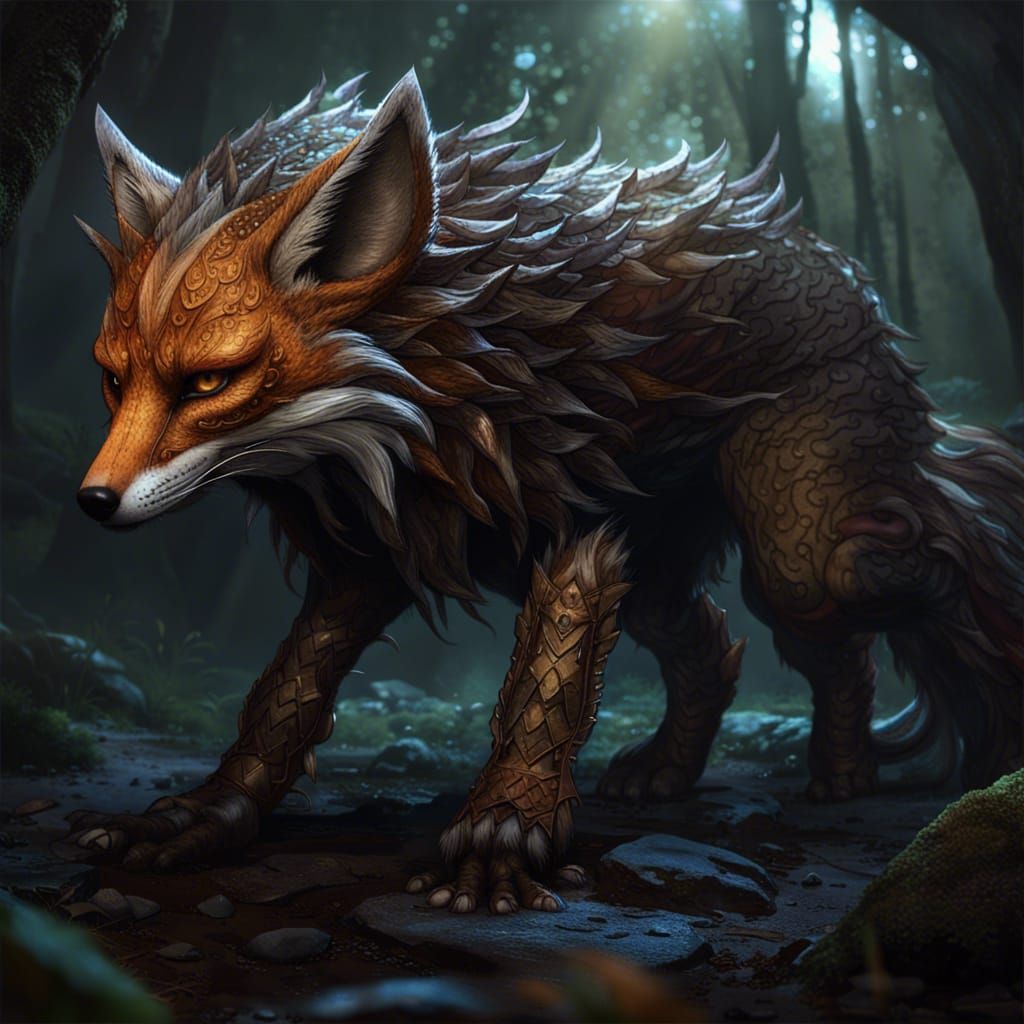 3 tails, covered in armour, many eyes, giant, fox-like creature - AI ...