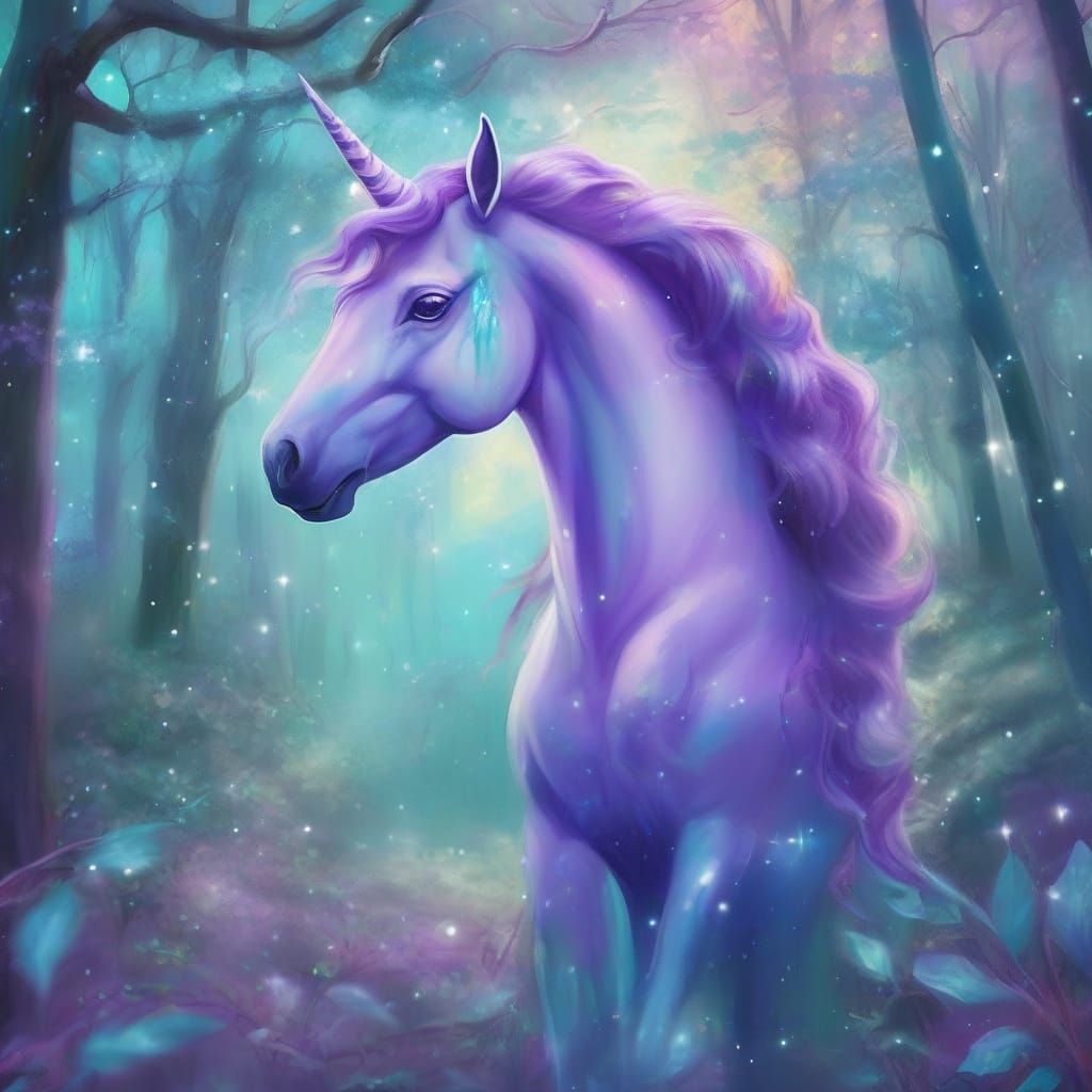 Mystical Purple Unicorn in Forest, as Digital Pain... - AI Art