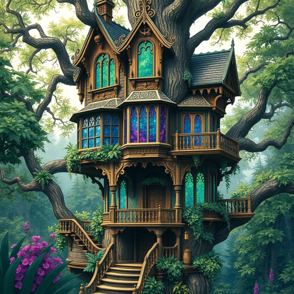 Whimsical Victorian Treehouse with Emerald Windows... - AI Art