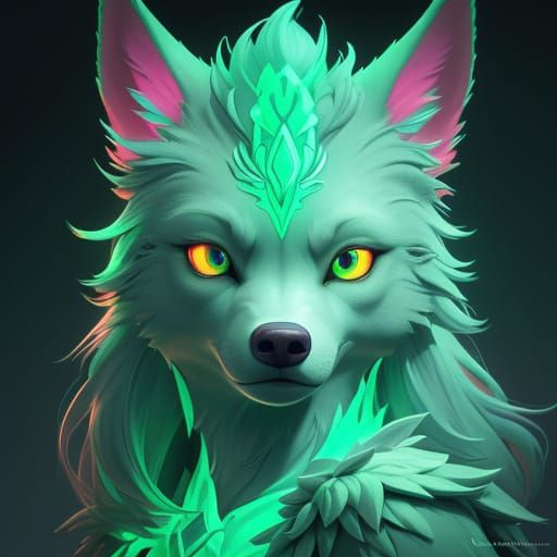 A neon green glowing Wolfs Head friendly looking and has beautiful skin