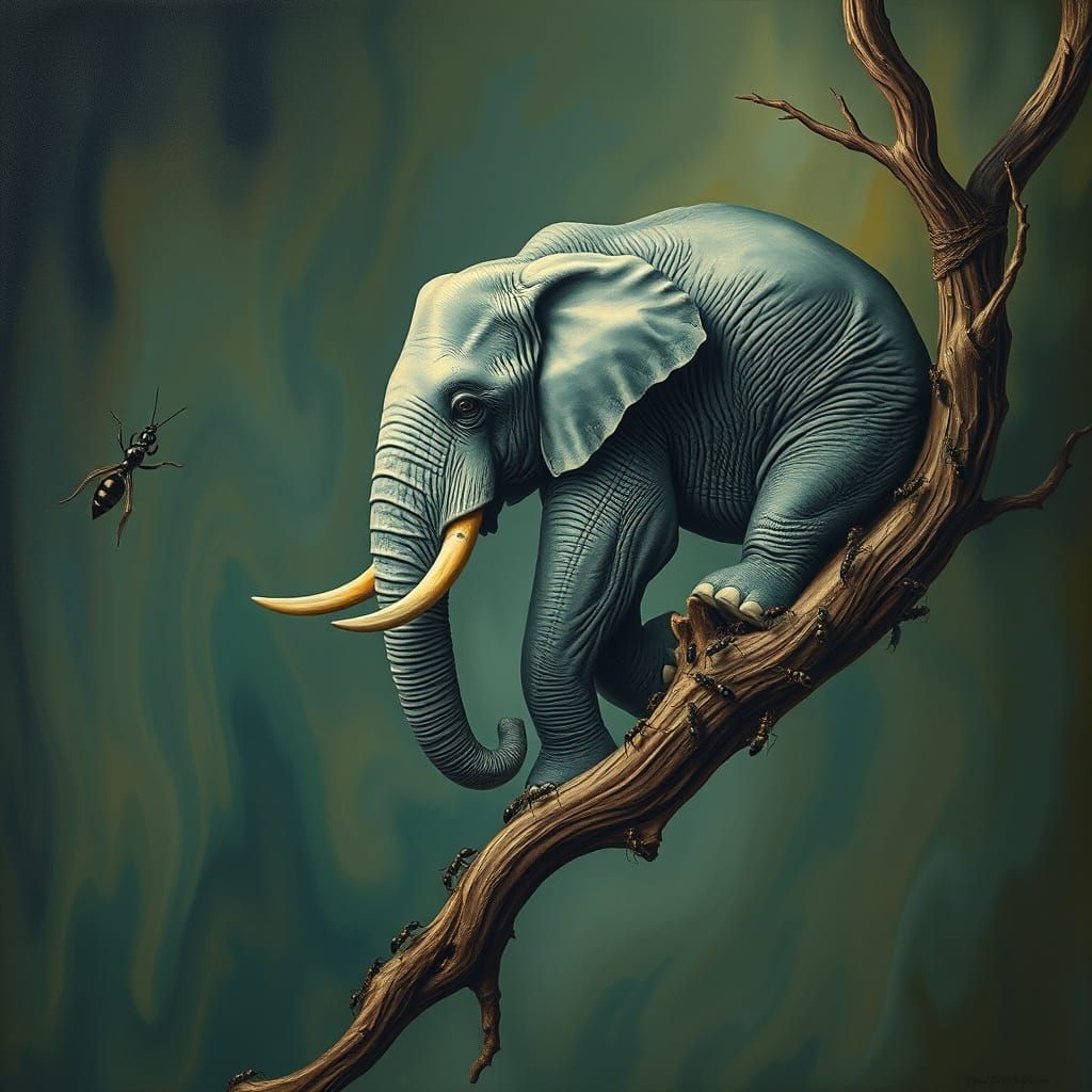 surreal image of a wrinkled elephant sitting on a tree branch with ants ...