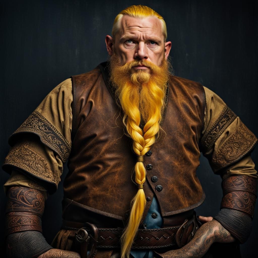 dwarf, young, no armour, tattoos, yellow hair, braided beard, wise ...