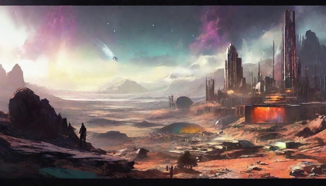 Disco Elysium-inspired, 16k resolution cosmic scene, a desolate, desaturated space landscape ...