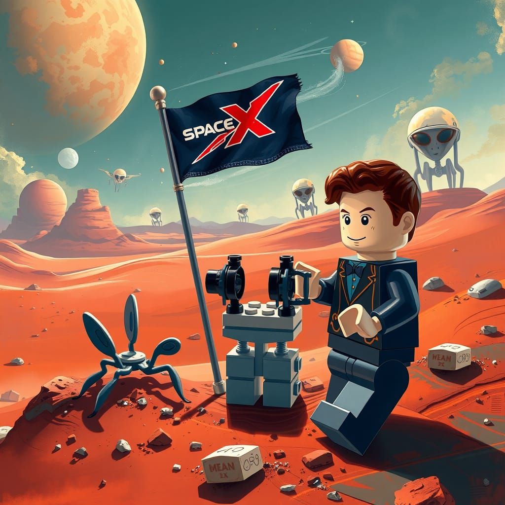 Lego Elon Musk plants a "Space X" flag on the red planet of Mars (with ...
