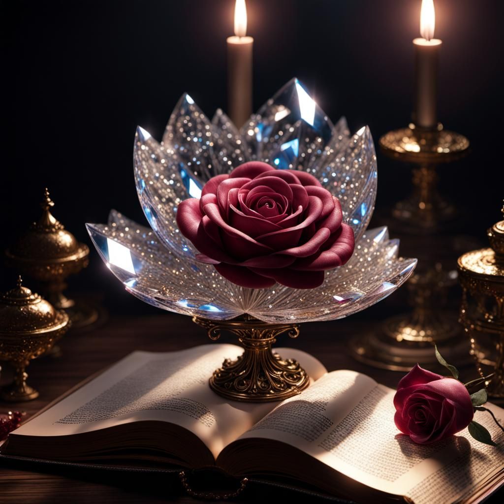 an epic crystal book with an old rose inside, chiaroscuro, glitter ...