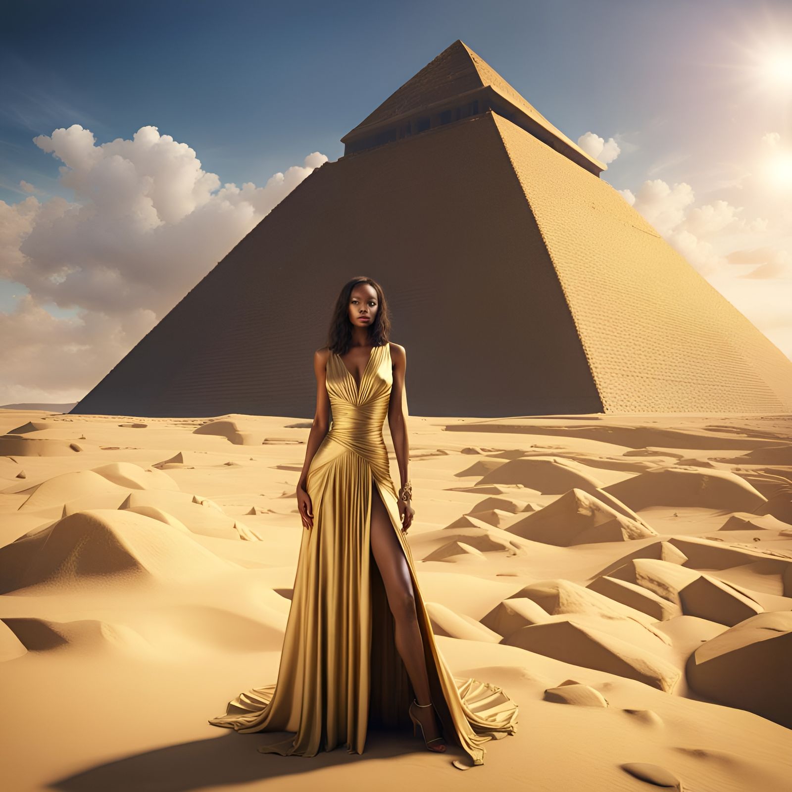 A supermodel wearing gold gown is standing at Giza Pyramid - AI ...
