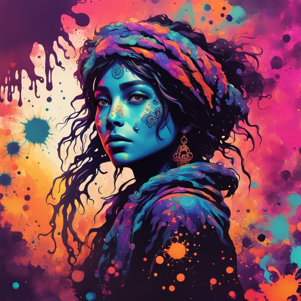 Ink splash and silhouette, psychedelic hippy girl - AI Generated ...