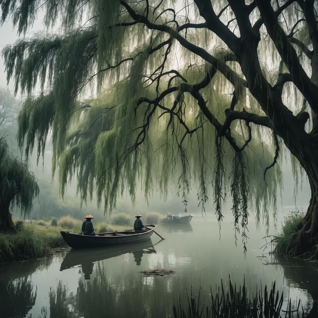 (landscape_fog_ethereal_lake_boat_weeping willow)Kim Jung Man style 4 - AI Generated Artwork ...