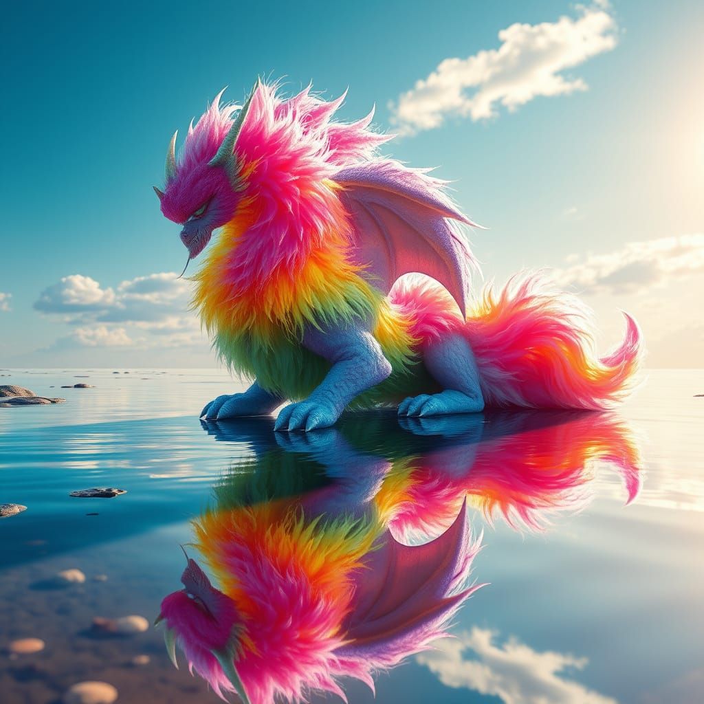 Vibrant Mythical Creature Reflected in Serene Pool - AI Art