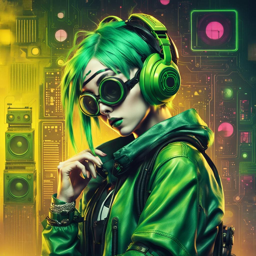 cyber punk girl with green hair and goggles with the radio active ...