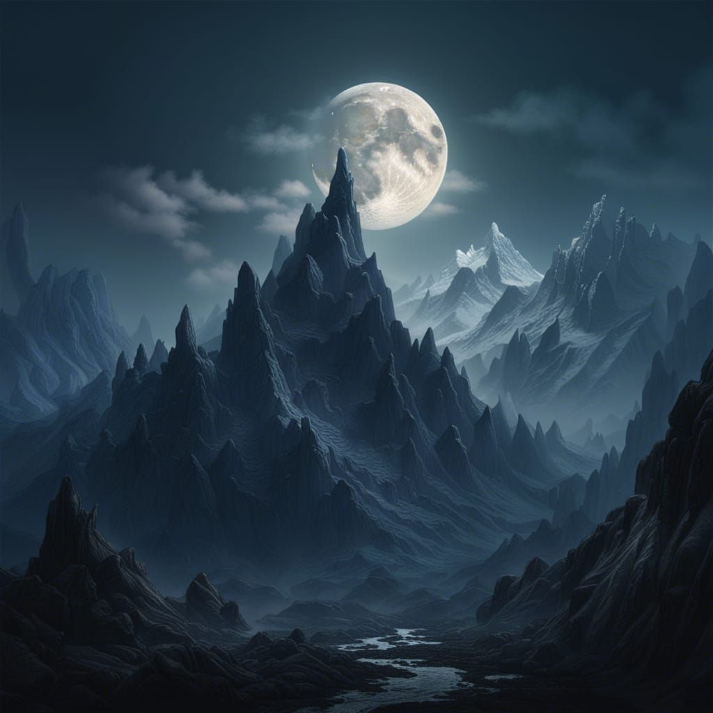 A treacherous mountain range, with jagged peaks and swirling mist ...