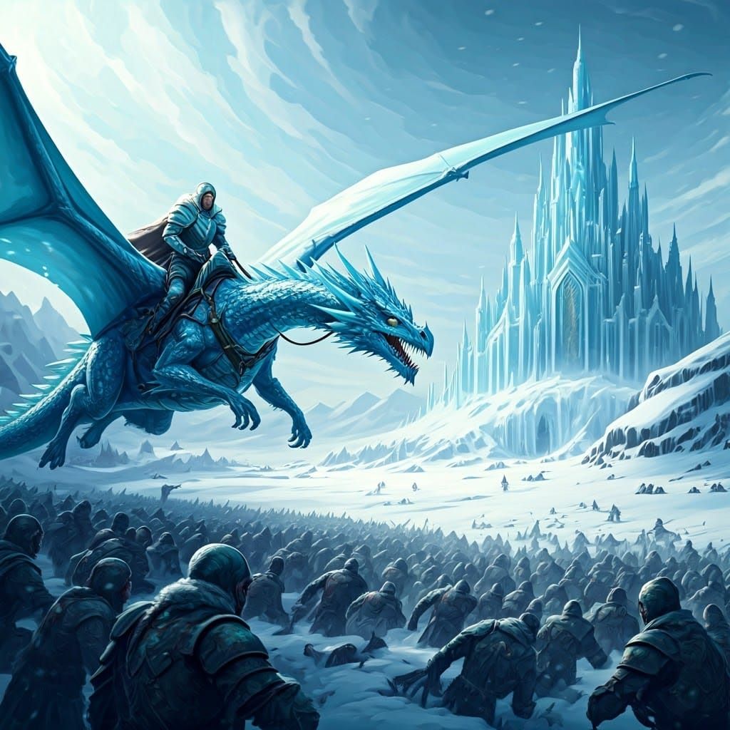 Dragon Riders, fighting evil creatures, fighting for there Queen of Ice, snowing, ice, winter,