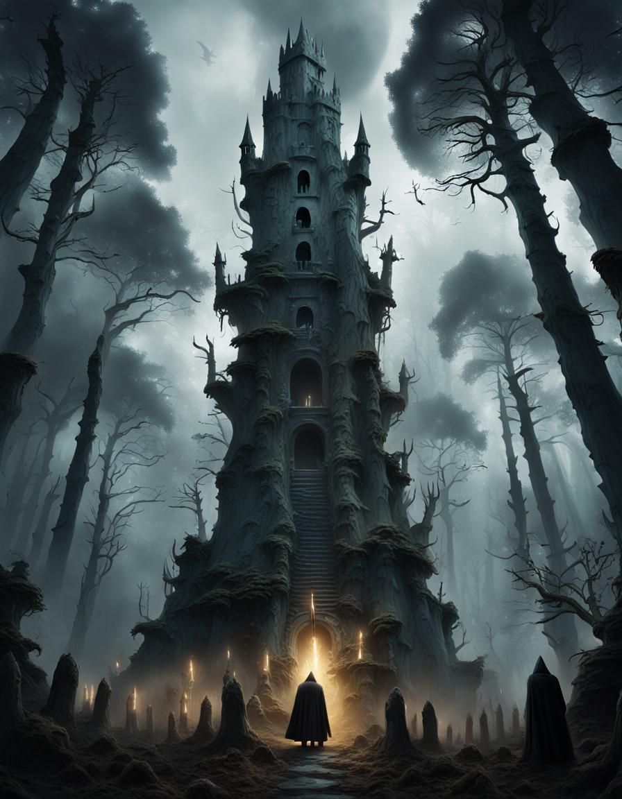A towering wizard's tower in a dark forest, surrounded by ancient trees ...