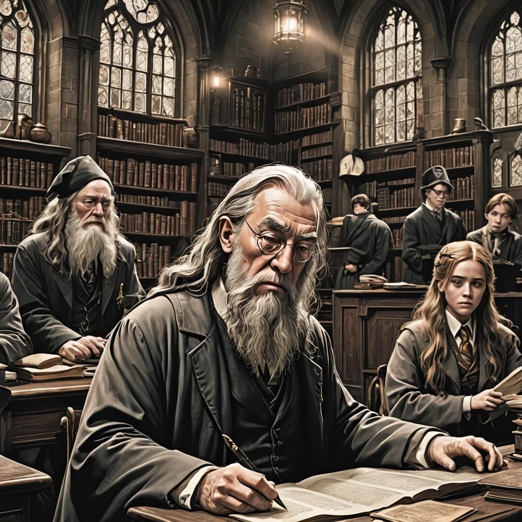 Professor Dumbledore in his class in hogwarts and Harry Potter and Ron ...